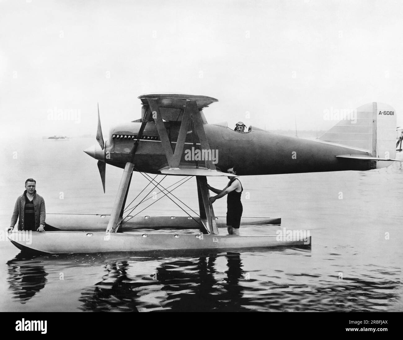 United States: August 5, 1923 Two men with a Navy Curtis Seaplane racer ...