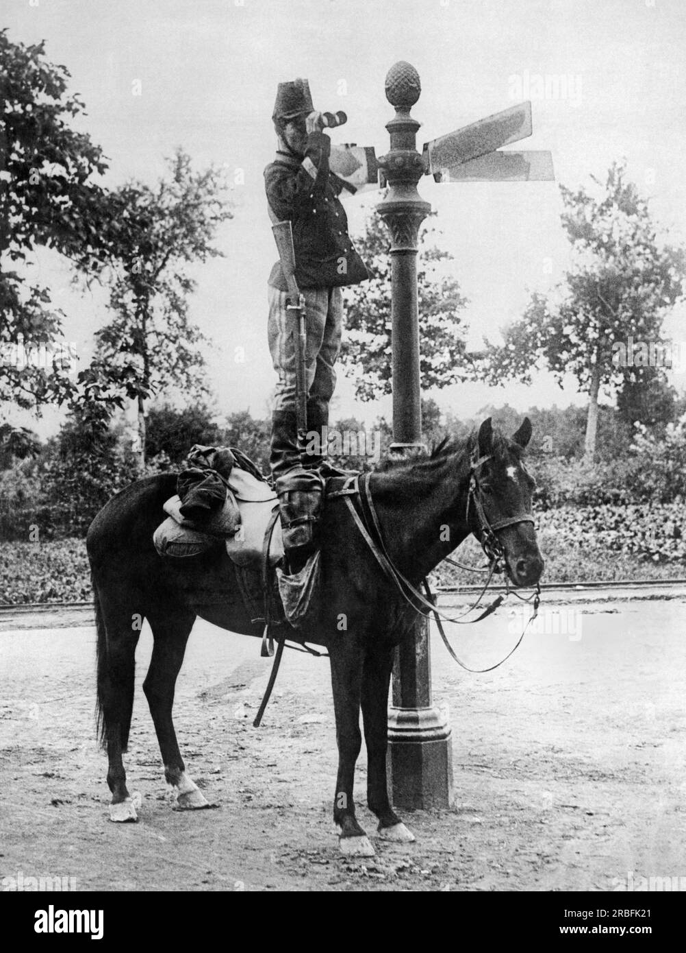 Belgium: c. 1914 A Belgium calvary scout stands on his horse to scan ...