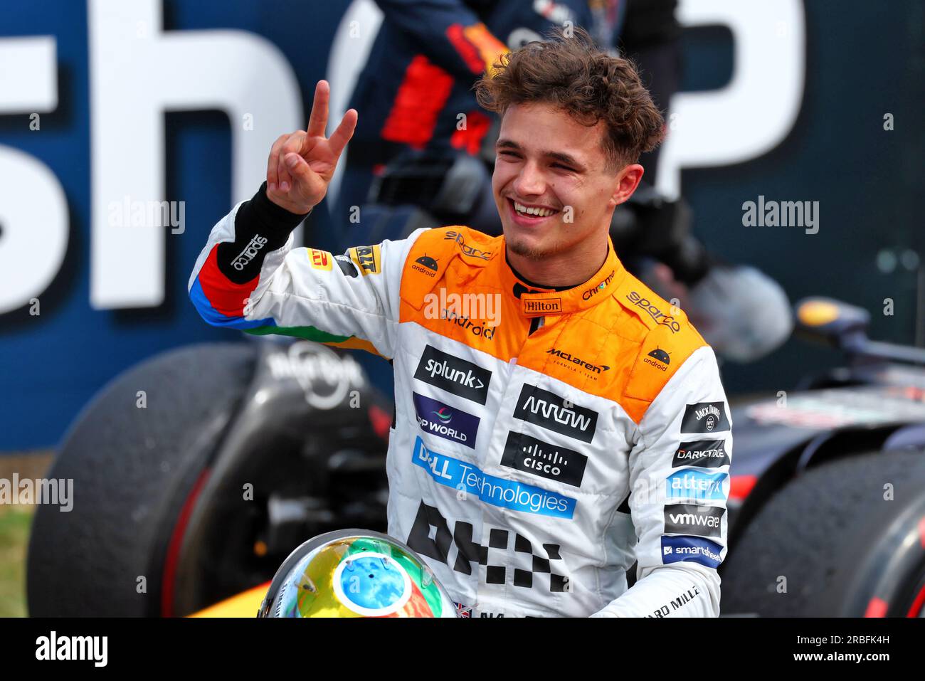 Silverstone, UK. 09th July, 2023. Lando Norris (GBR) McLaren celebrates ...