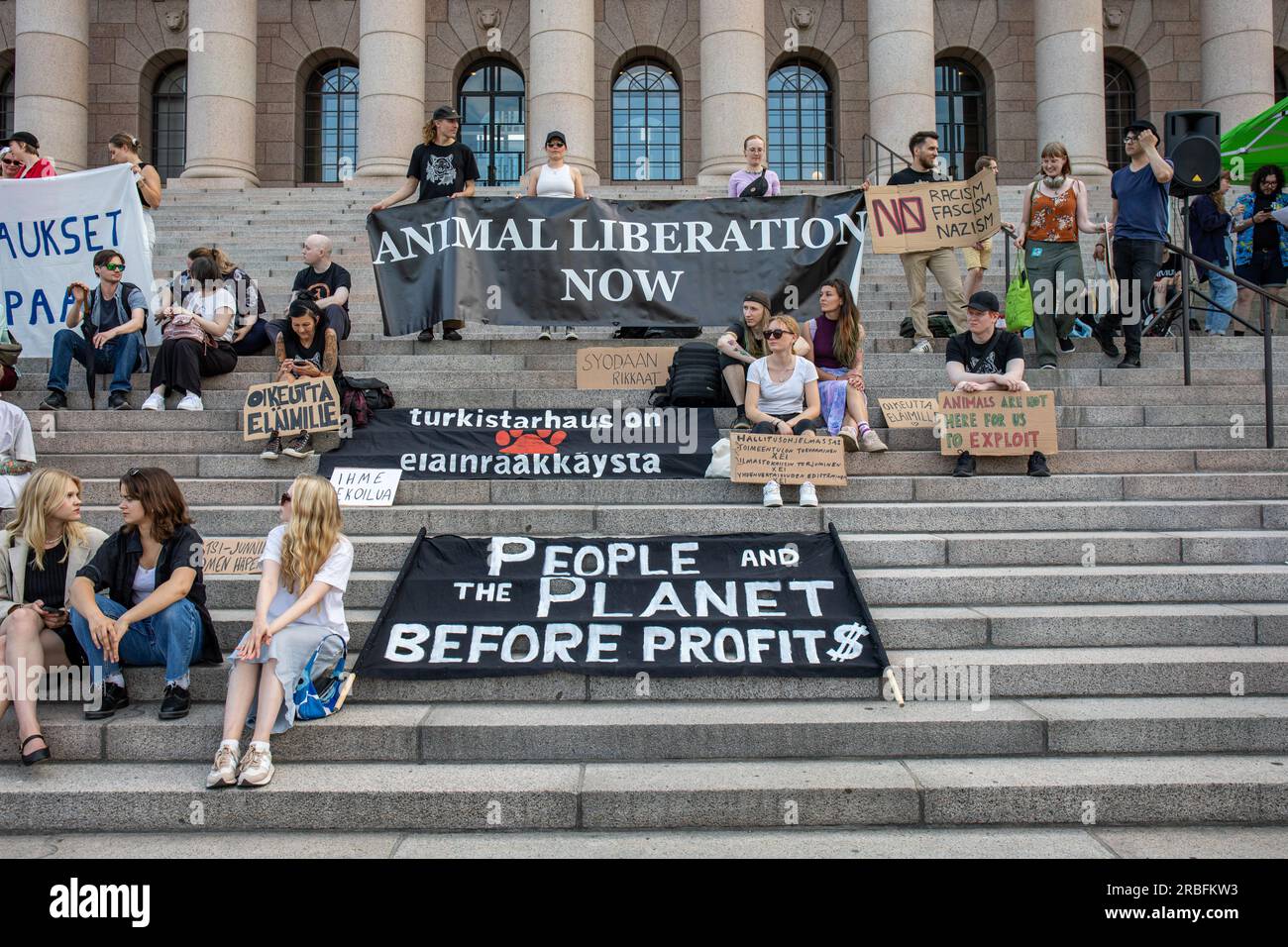 Banners, protesters and cardboard signs on Parliament House or ...