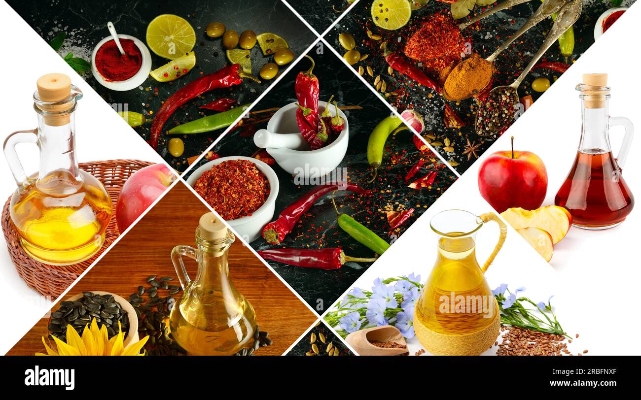 Set of spices, vegetable oils and seasoning. Collage Stock Photo - Alamy