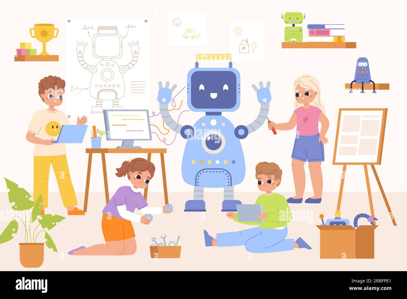 Kids robotic engineering, repair robot children team. Child programming and project robots on ...