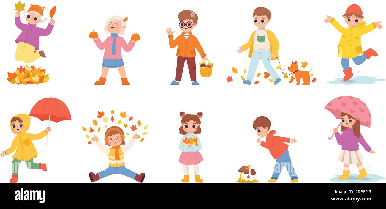 Kids in autumn walking on puddles at rain with umbrella. Gathering ...