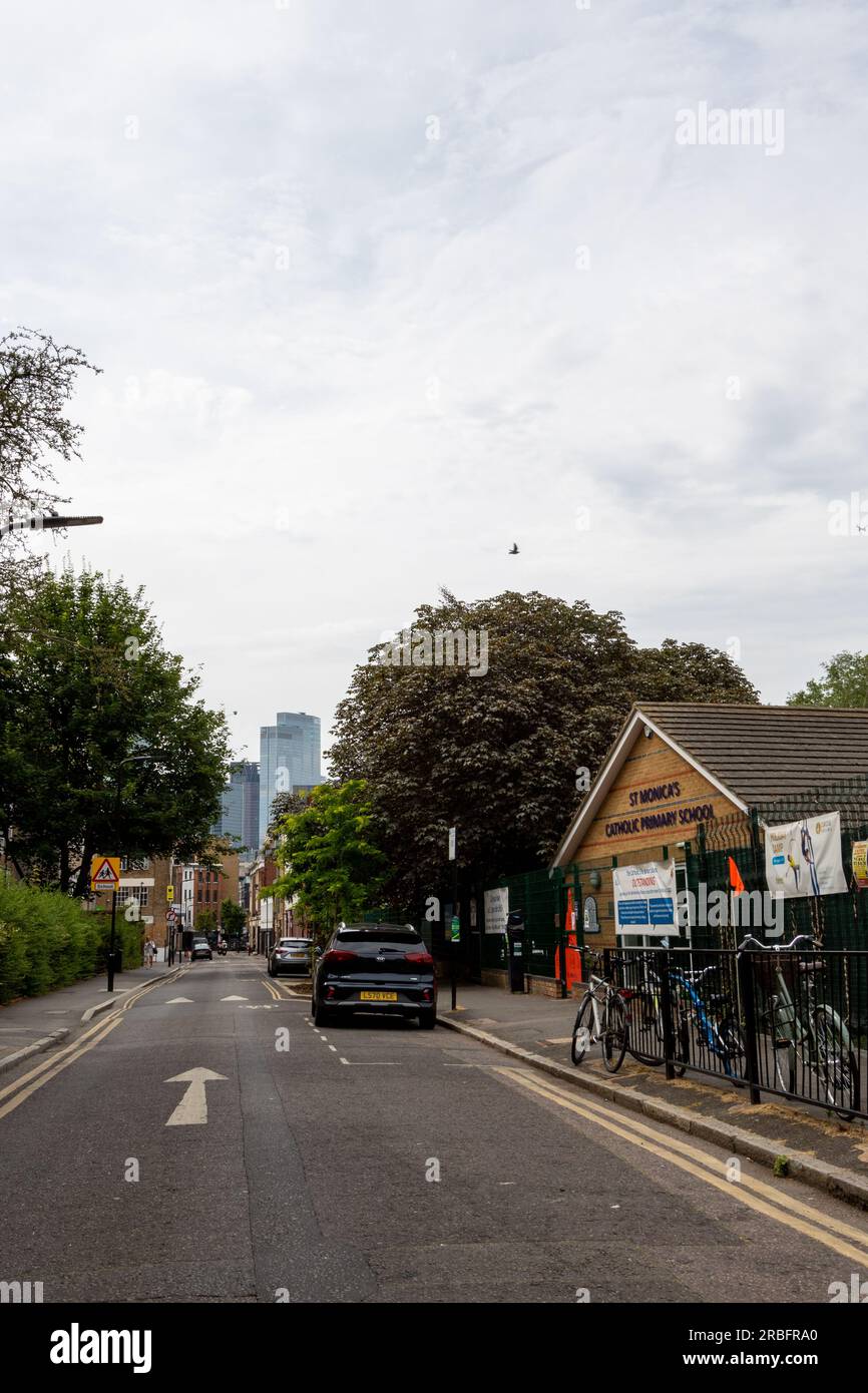 London downtown street. Straight road. Skyscrapers on the horizon Stock ...