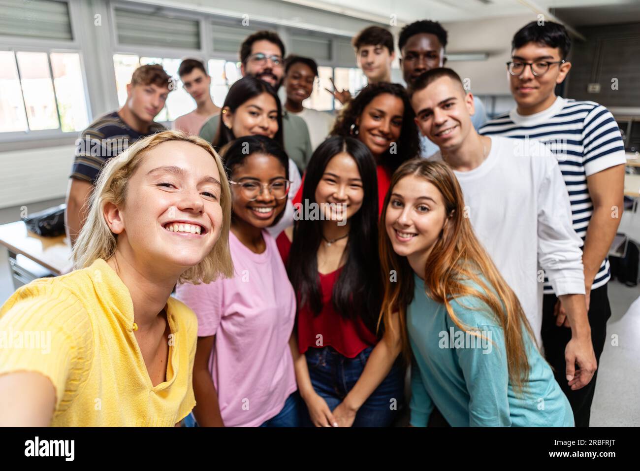 Diverse group of young student people taking selfie at university ...
