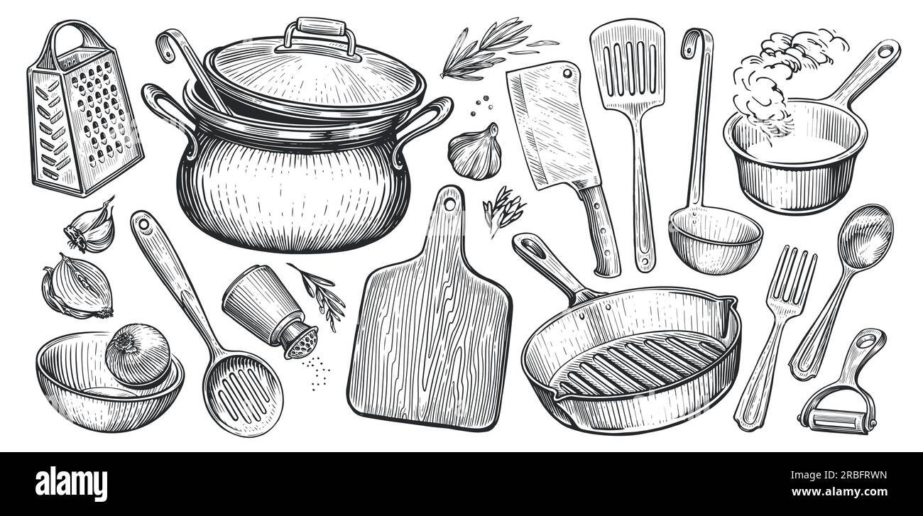 Set of kitchen utensils for cooking. Food concept. Sketch vintage ...