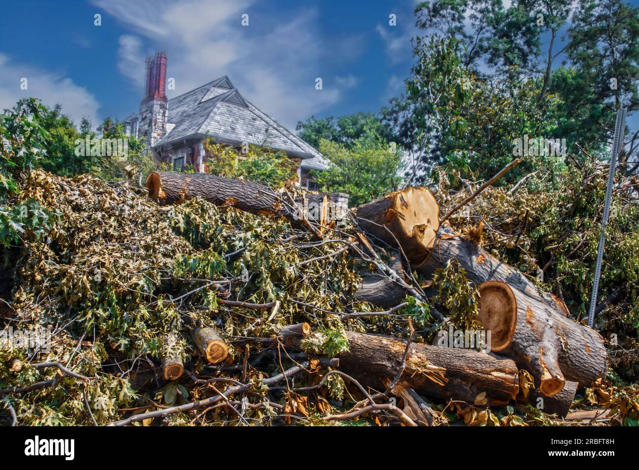 Huge pile of storm debris with cut trees with multi-story home visible ...