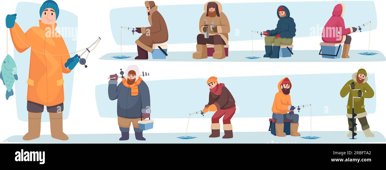 Winter fishing. Winter hobby fishermen sitting and fishing in cold ...