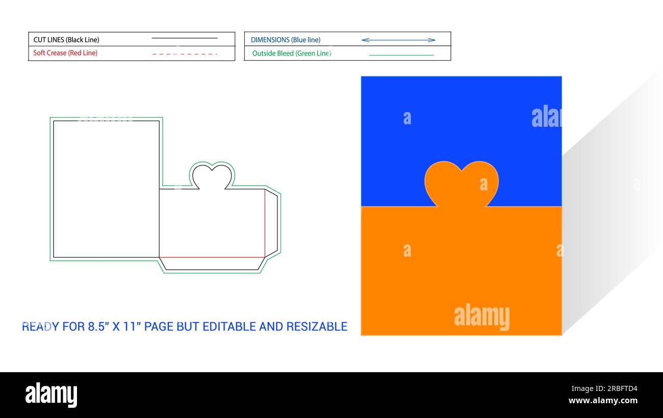Heart cut shape Pocket or folder die line, 3D ready for 8.5x11 inch ...