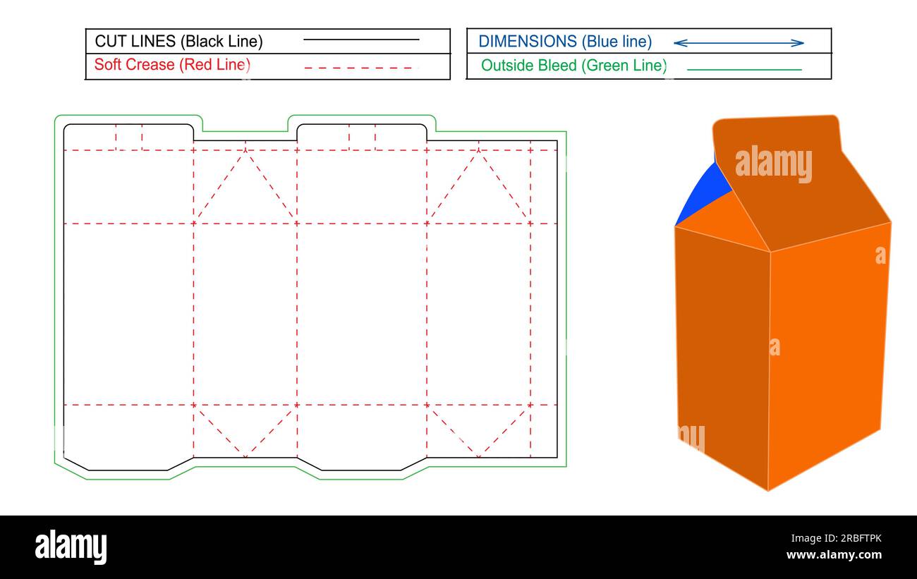 Milk box die cut lines, 3D render and milk carton box, colour ...