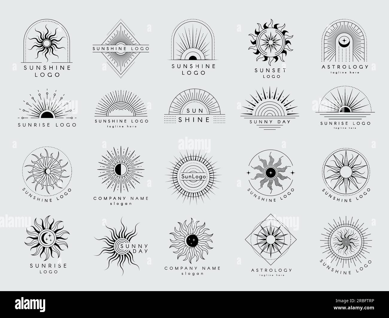 Decorative sun. Shine stylized sun emblems linear starburst template ...