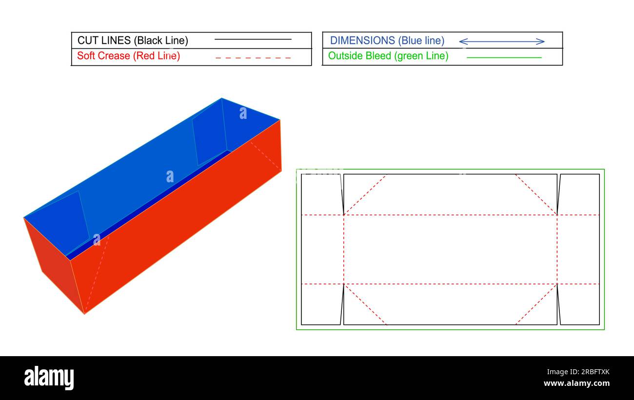 Preglued in fold tray box die line template and 3D box rendering vector ...