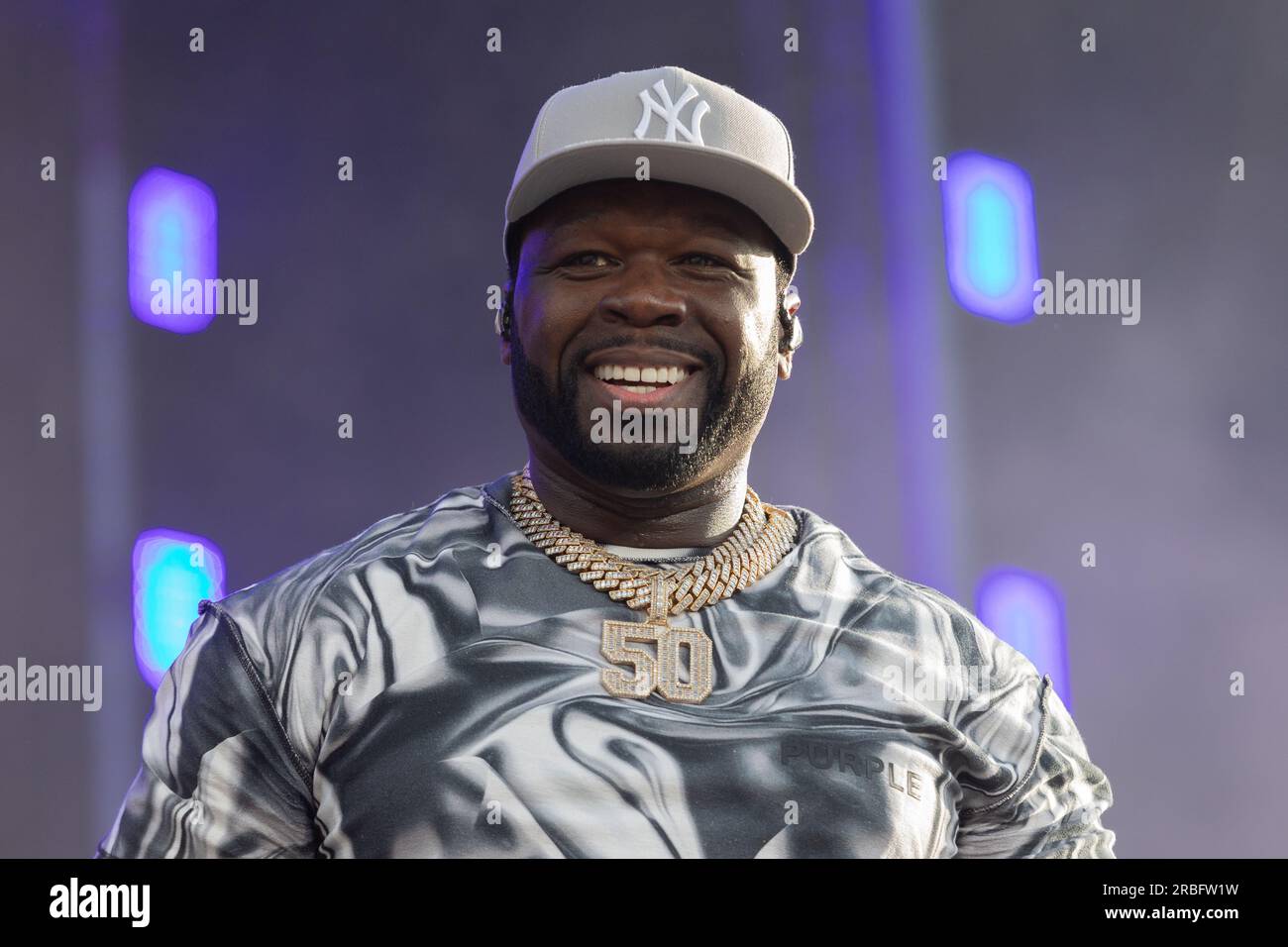 London, UK. July 9, 2023. 50 Cent performs on the Main Stage at the ...