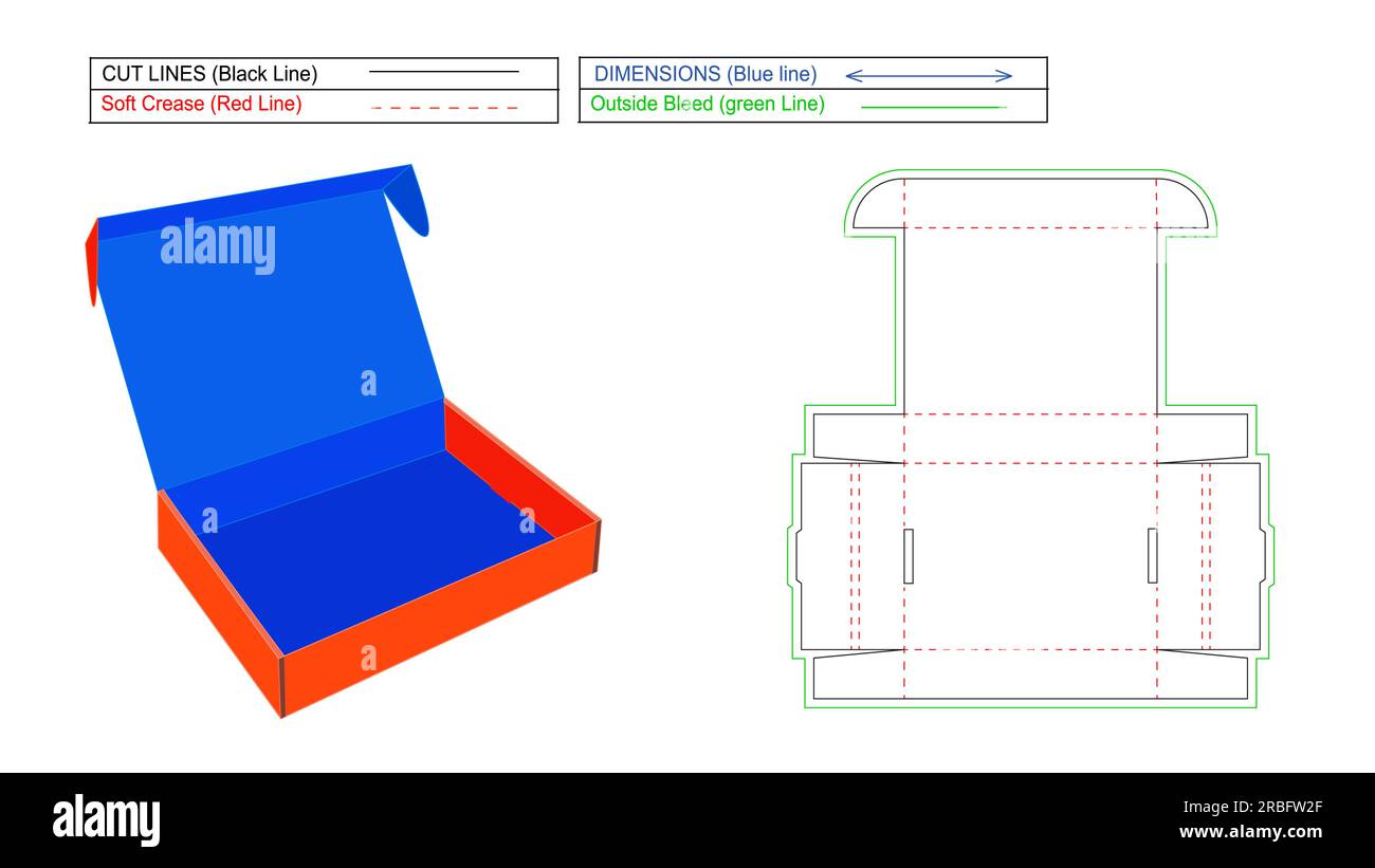 Two side rollovers with ear lock box, REFT Box die line template and 3D ...
