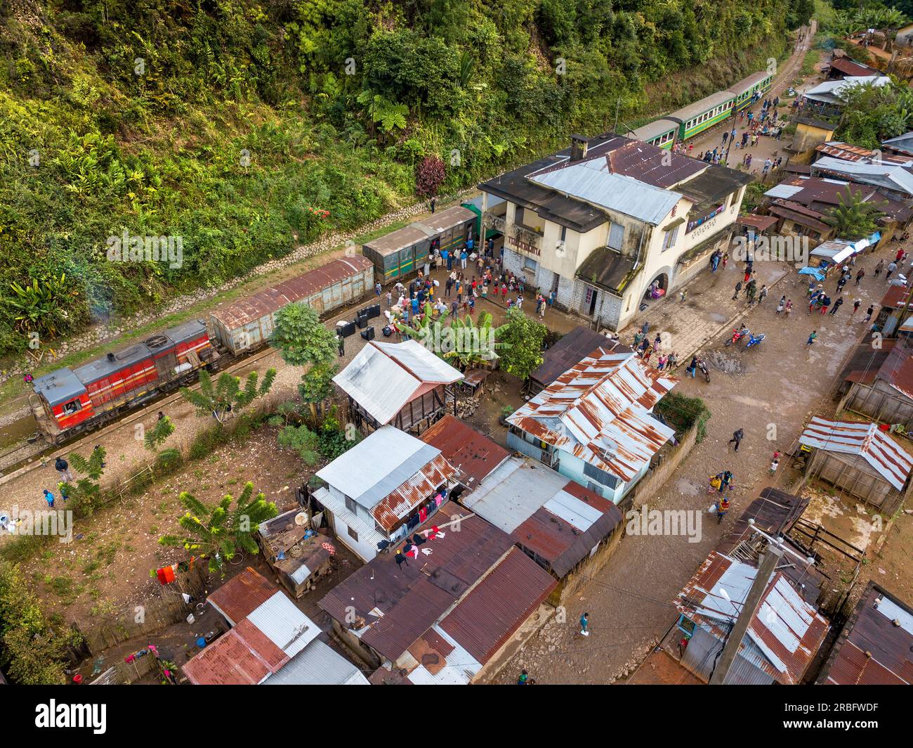 Aerial view Tolongoina station. Old train on the railway line from ...