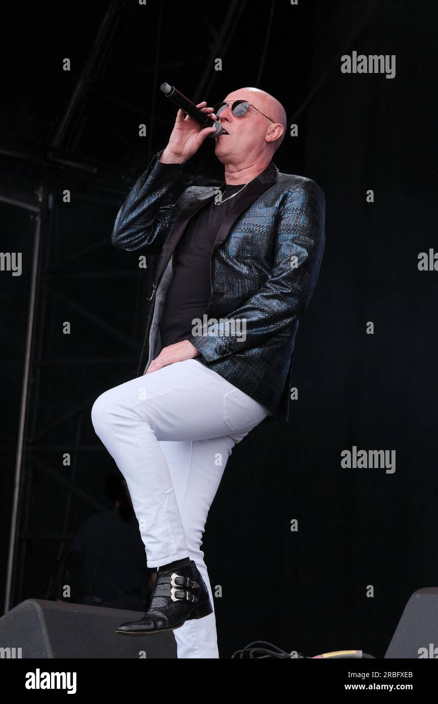 Lead male vocalist Glenn Gregory with English New Wave band Heaven 17 ...