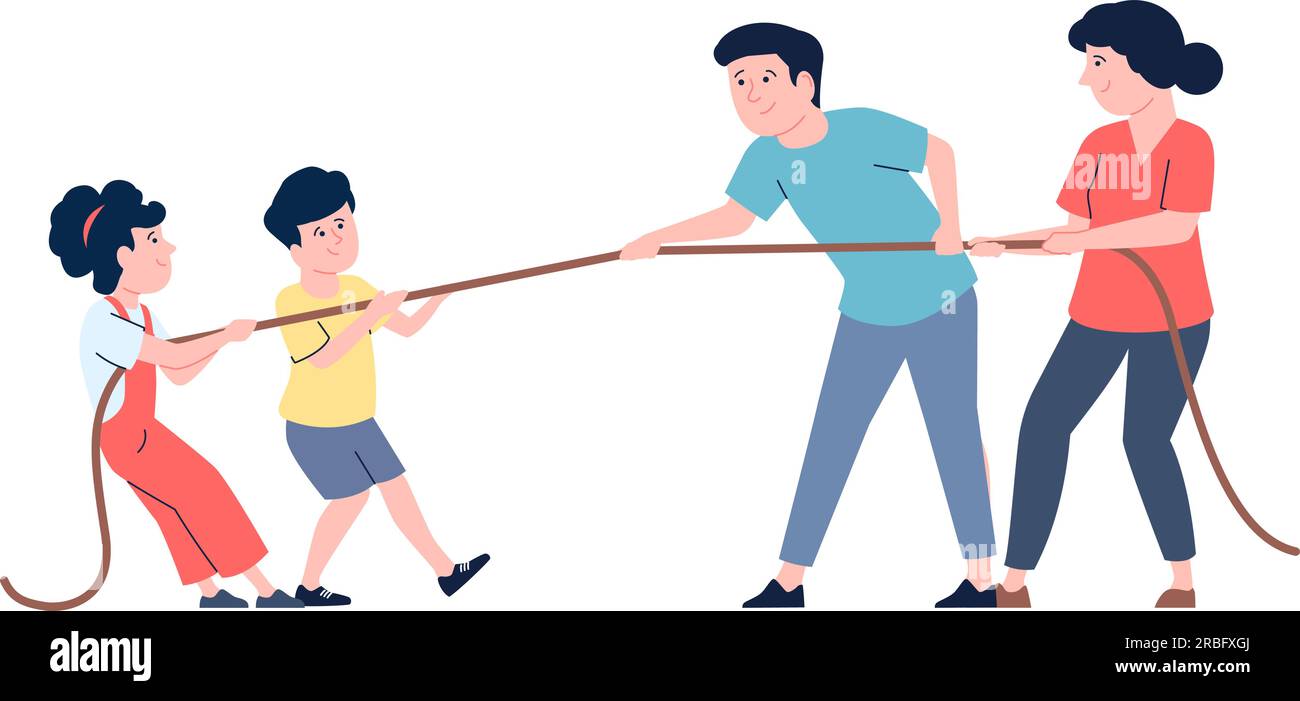 Tug of war of parents and children. Family struggle and pulling rope ...