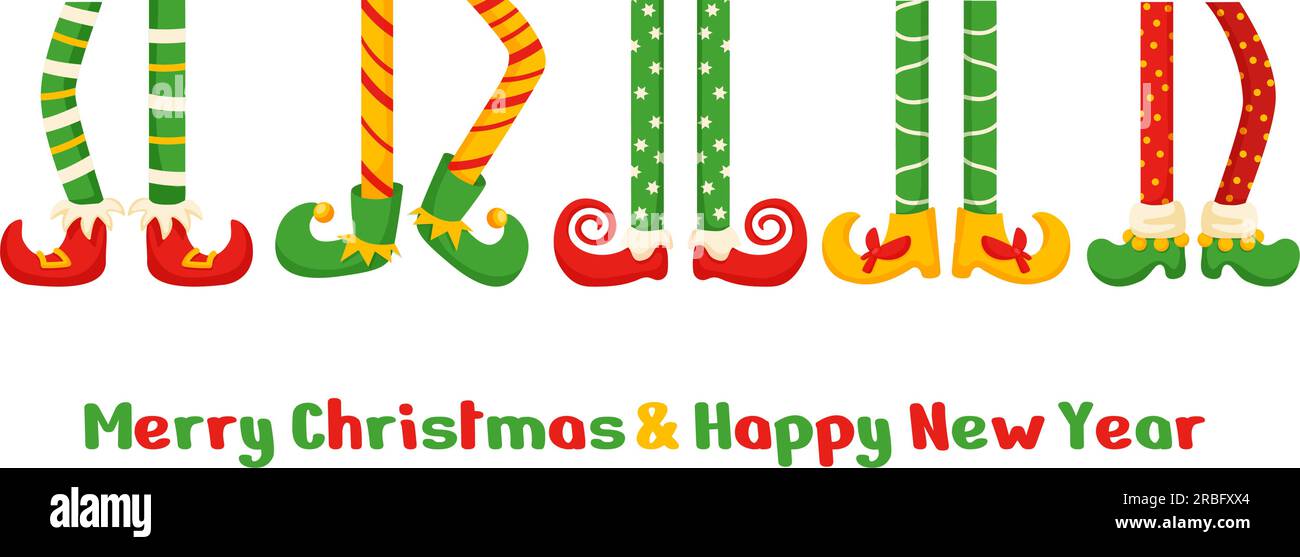 Christmas elf foot congratulation banner. Dwarf legs dancing in stripes ...