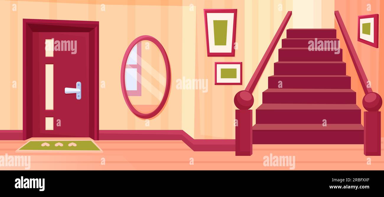 Cartoon house hallway, home hall with stair, mirror and pictures on ...