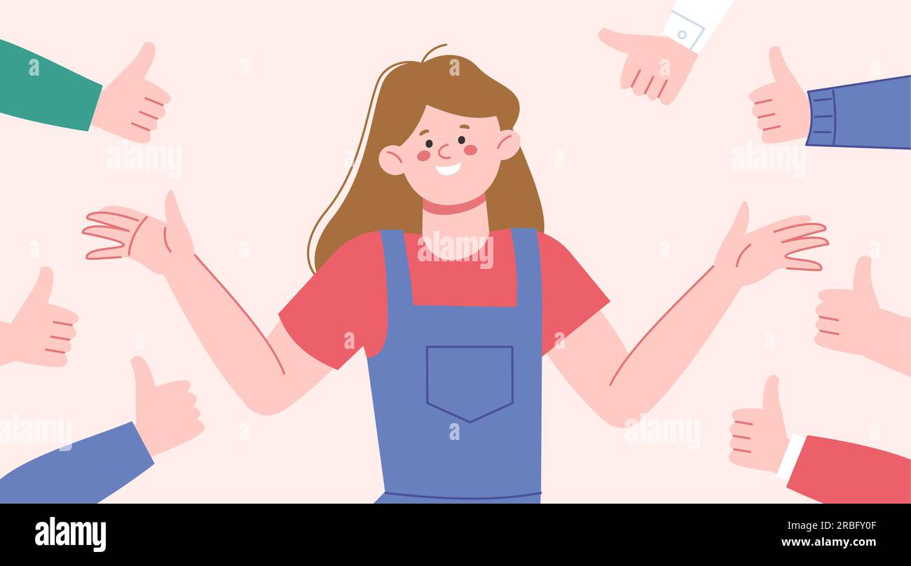 Like and support, success girl thumb up sign team. Cartoon positive ...