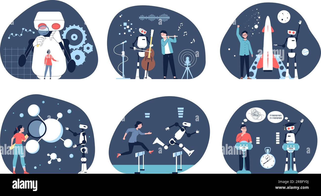 Robots and people working scenes. Robot in office, challenge and ...