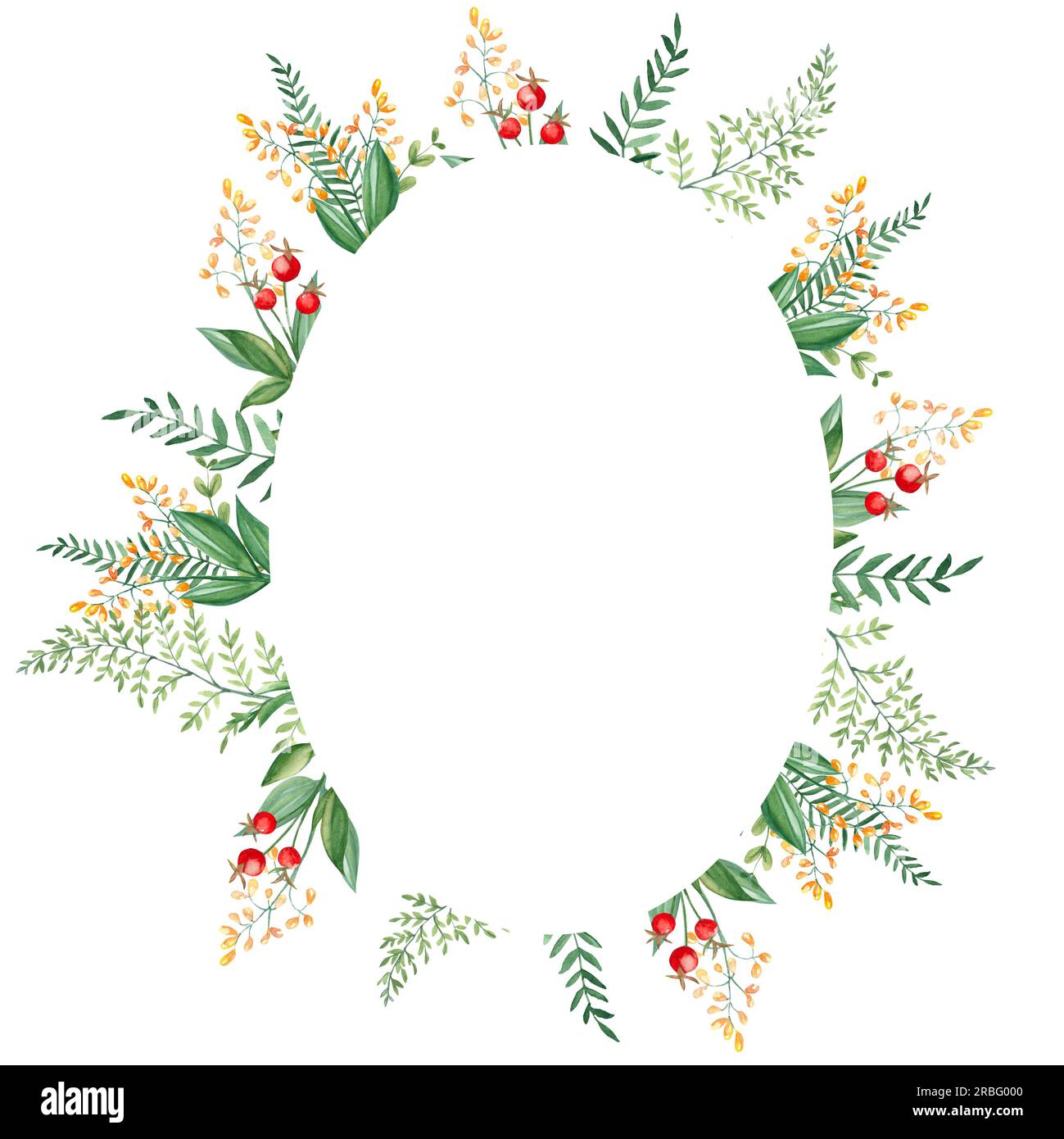 Watercolor oval forest frame with fern, green branches, red and yellow ...