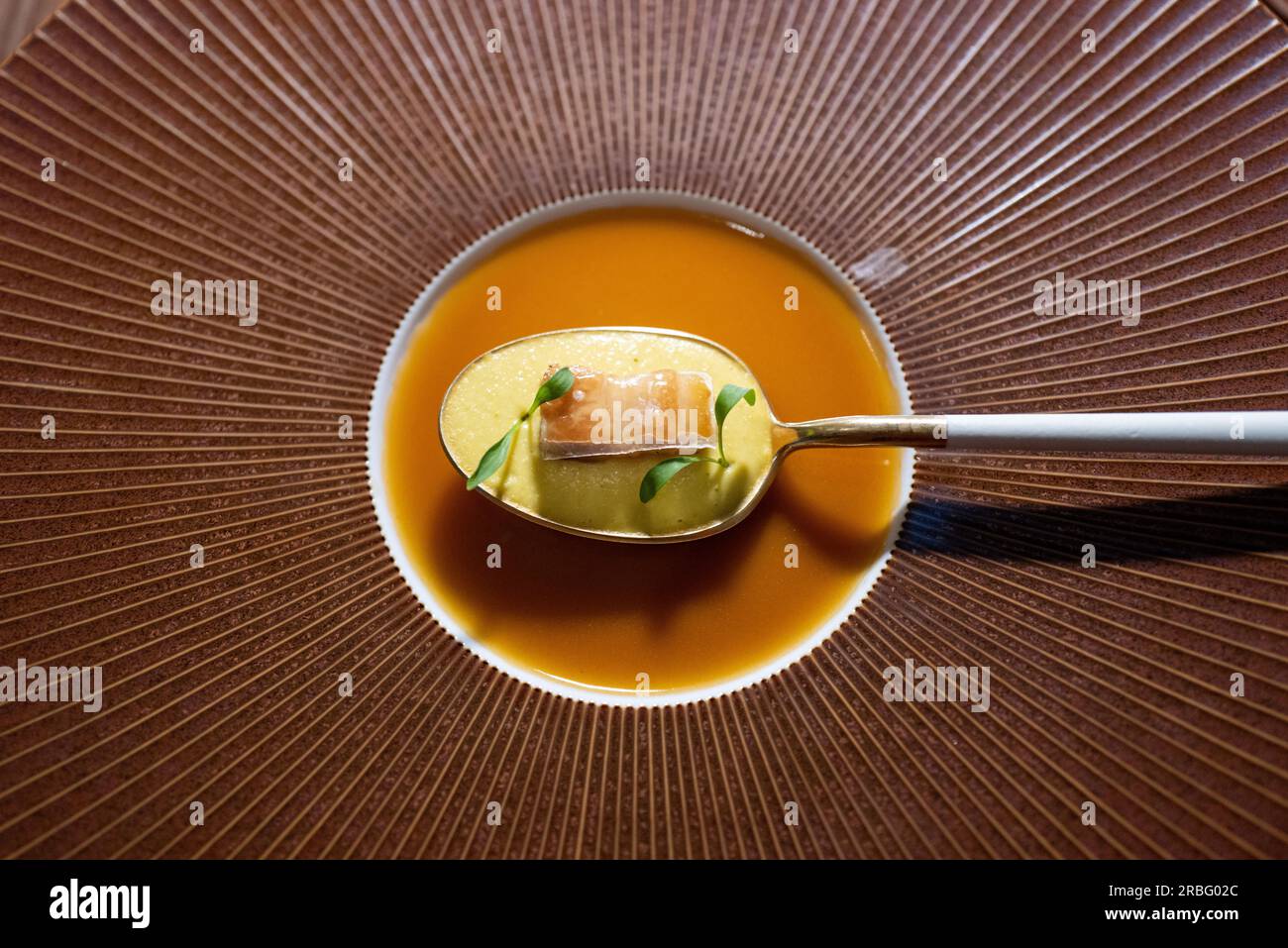 Fine dining food in spoon above a plate of red plated soup Stock Photo ...