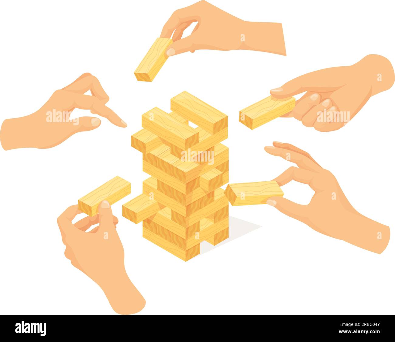 Hands playing tower balance. Jenga game, hand stacking wooden brick or ...