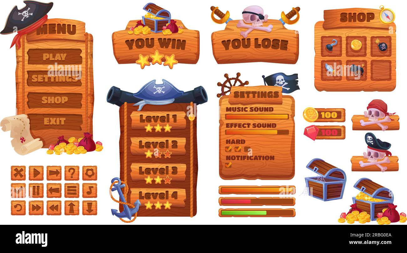 Pirate game interface. Pirates timber frame with button for gaming apps ...