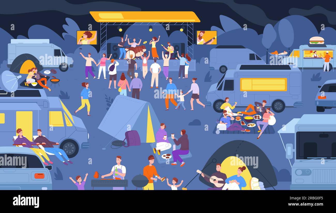 Night open air festival. Dance crowd people pop rock outdoor fest, nightlife park guitar musical ...