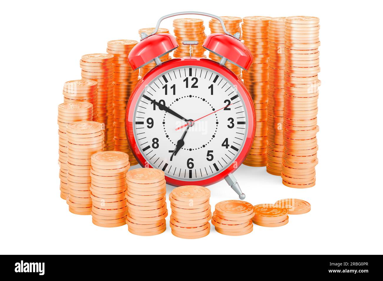 Alarm clock with growing chart from gold coins around, 3D rendering ...