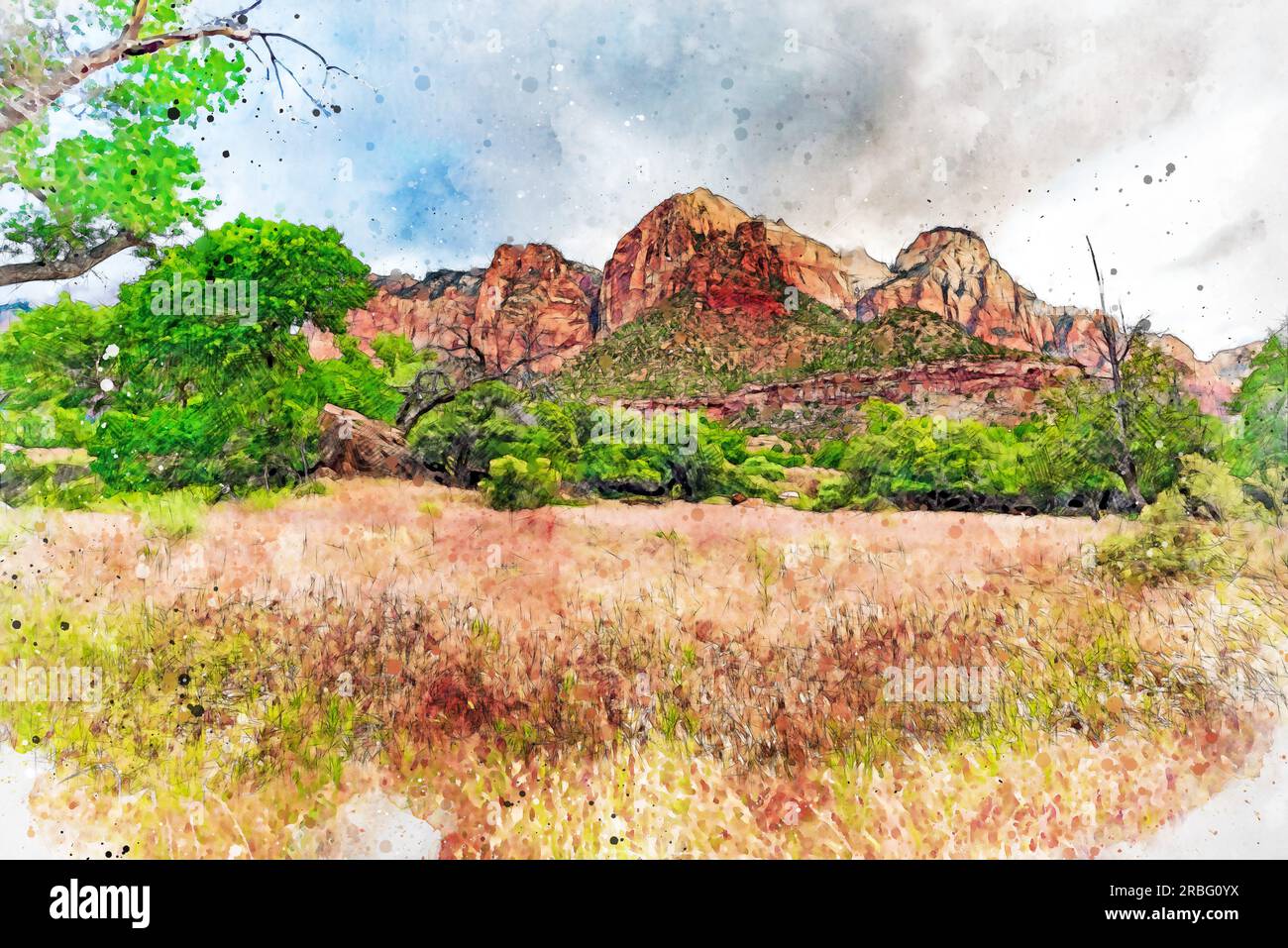 Digitally created watercolor painting of the Watchman a kayenta rock ...