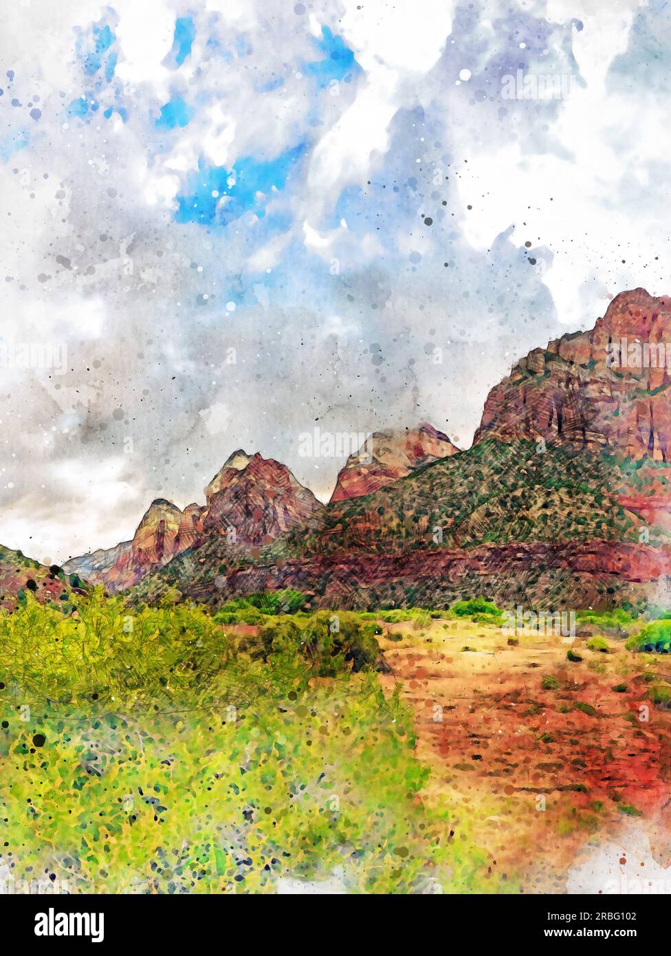 Digitally created watercolor painting of the Watchman a kayenta rock ...