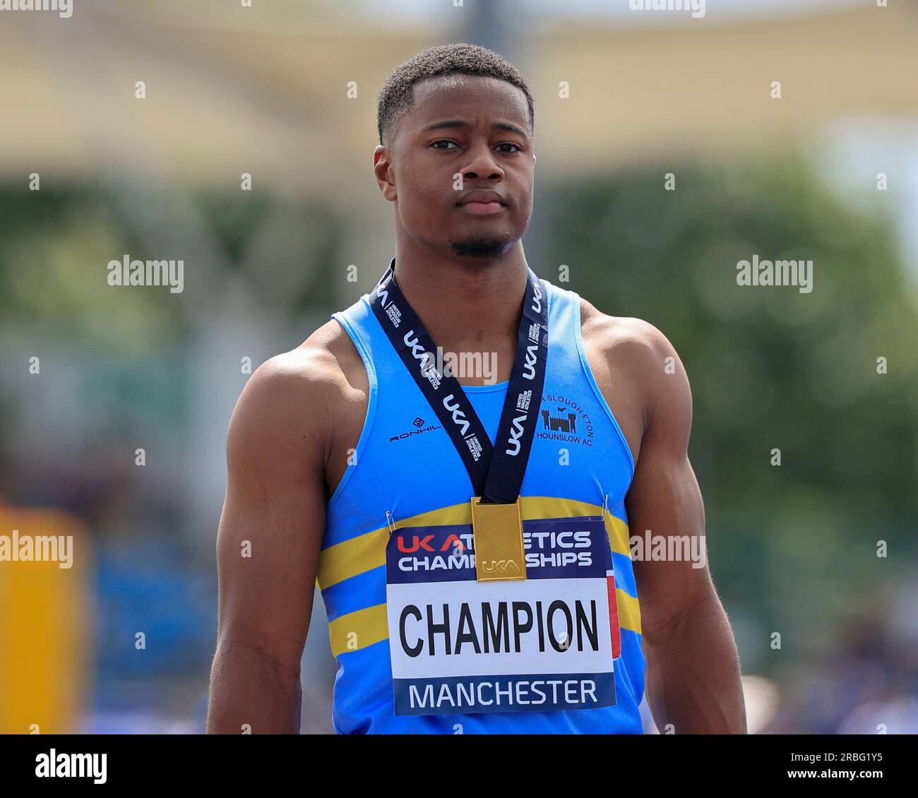 Tade Ojora with his gold medal after winning the 110m hurdles final ...