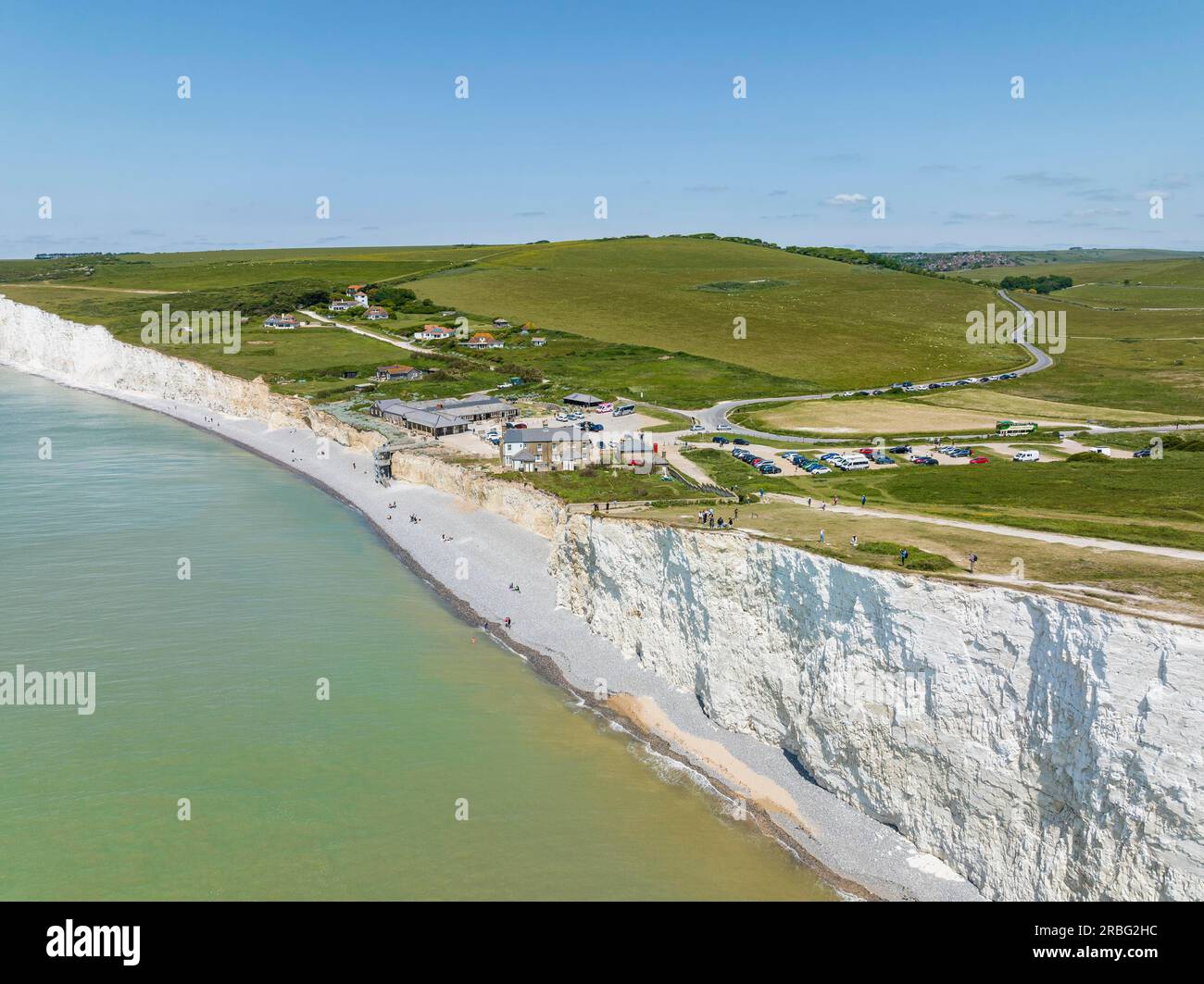 Aerial view of Birling Gap with the tourist centre, The Seven Sisters ...