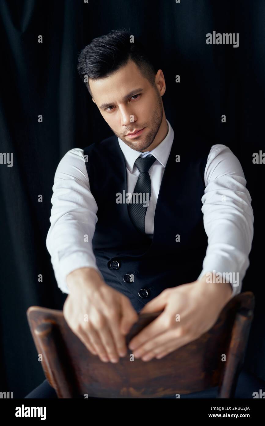 Confident serious man portrait on black background. Hansome male ...