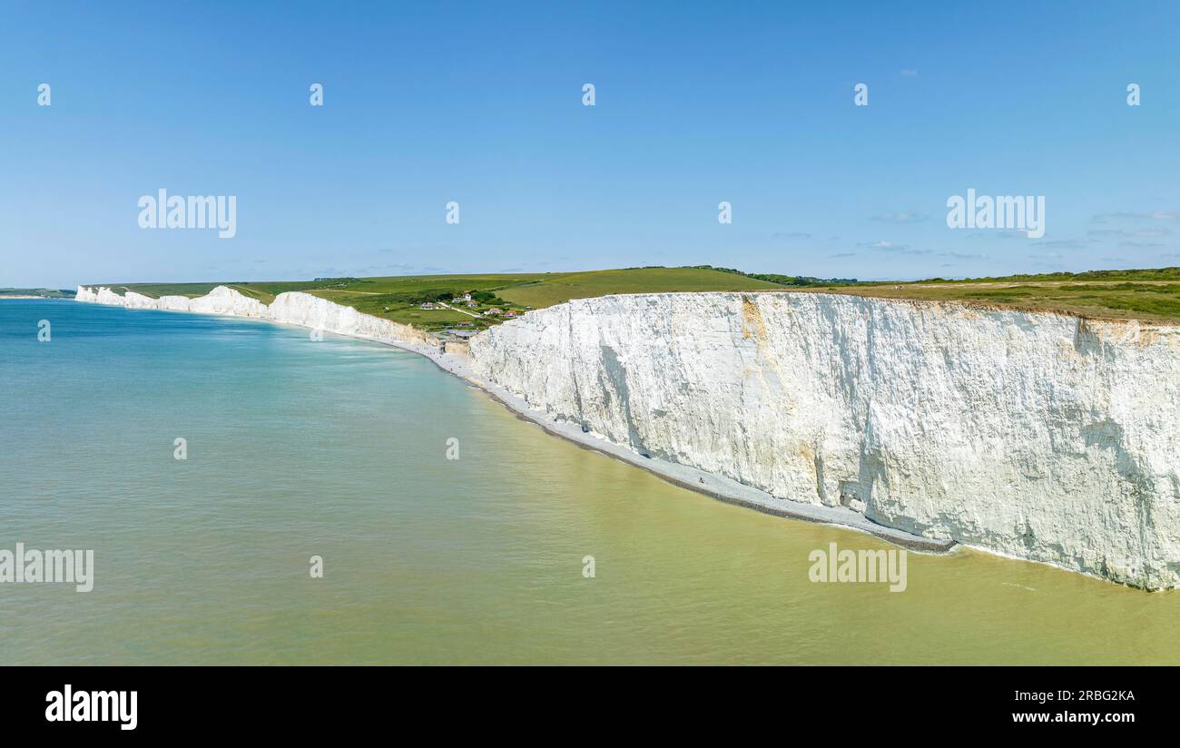 Aerial panorama of the chalk cliffs The Seven Sisters, South Downs ...