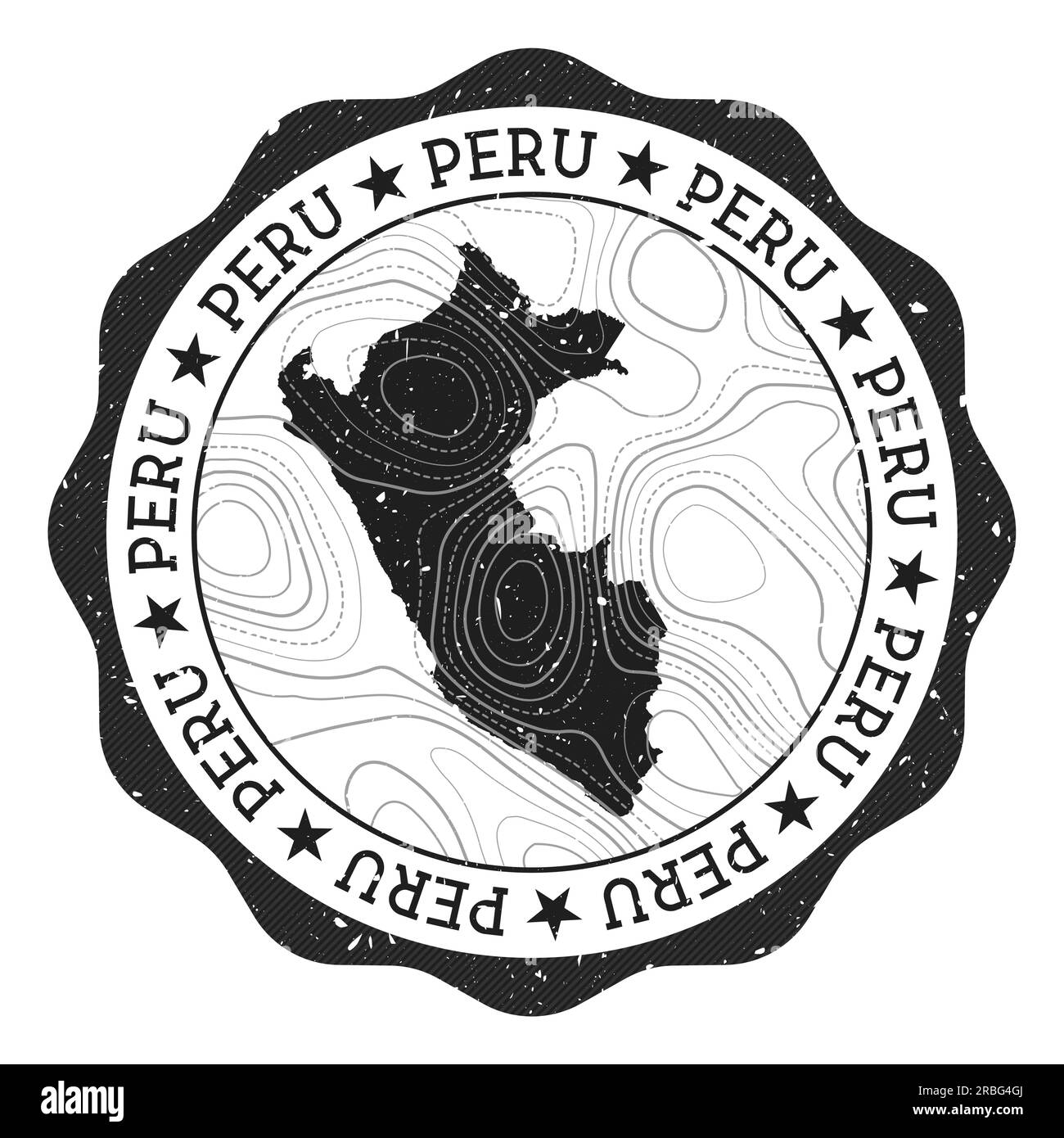 Peru outdoor stamp. Round sticker with map of country with topographic ...