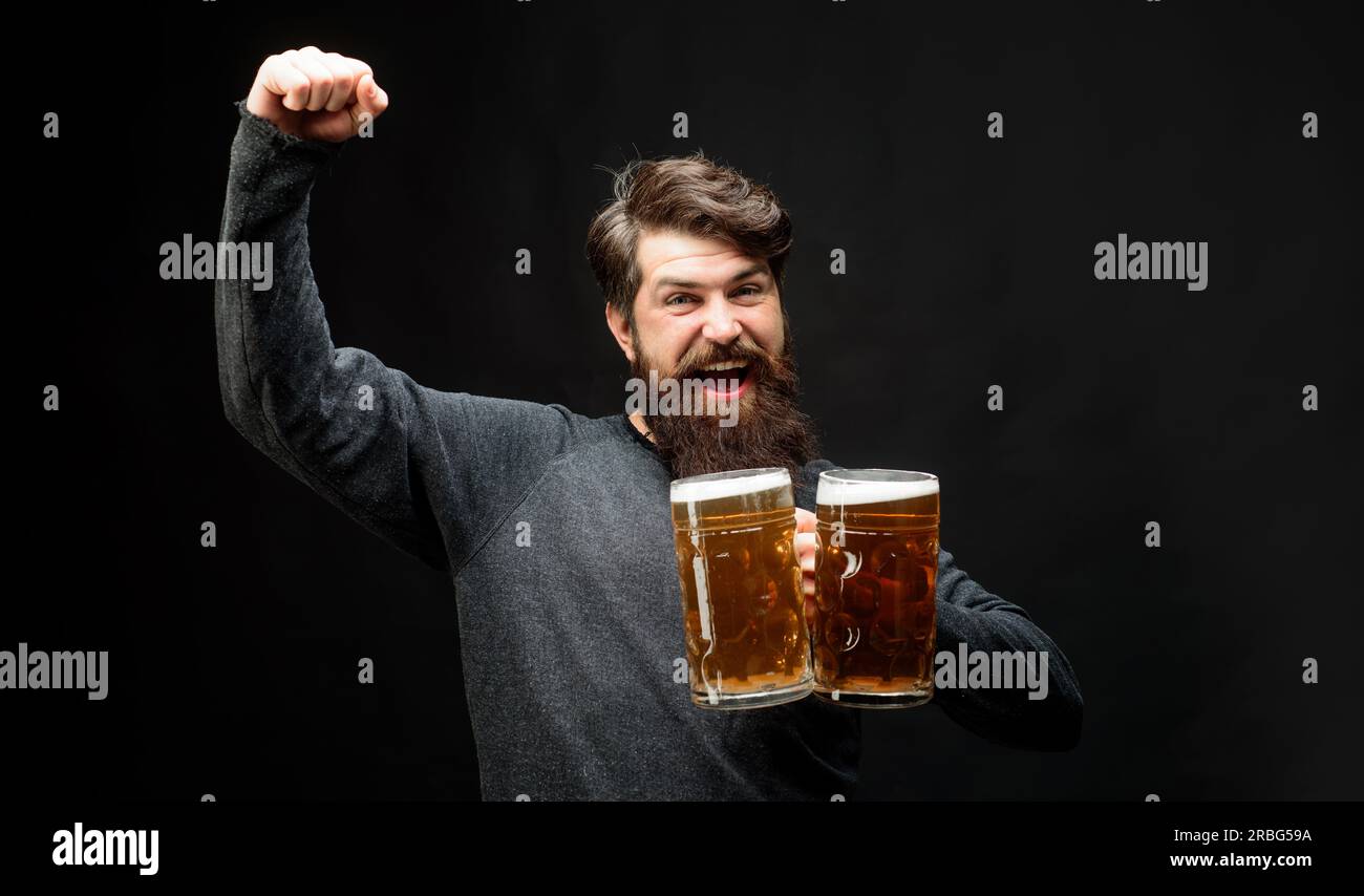 Celebration oktoberfest festival. Bearded man in beer pub with mugs of ...