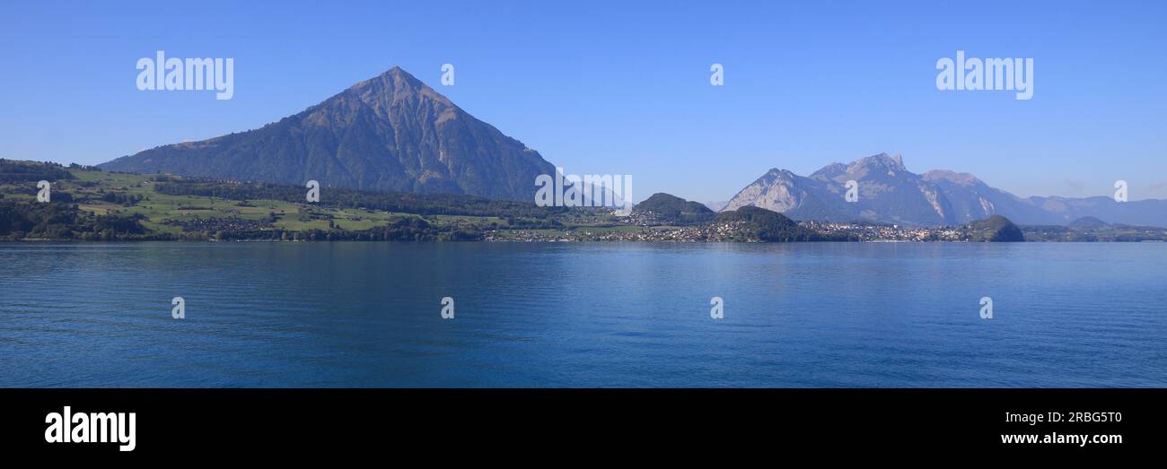 Pyramid shaped mountain Niesen seen from Beatenbucht, Switzerland Stock ...