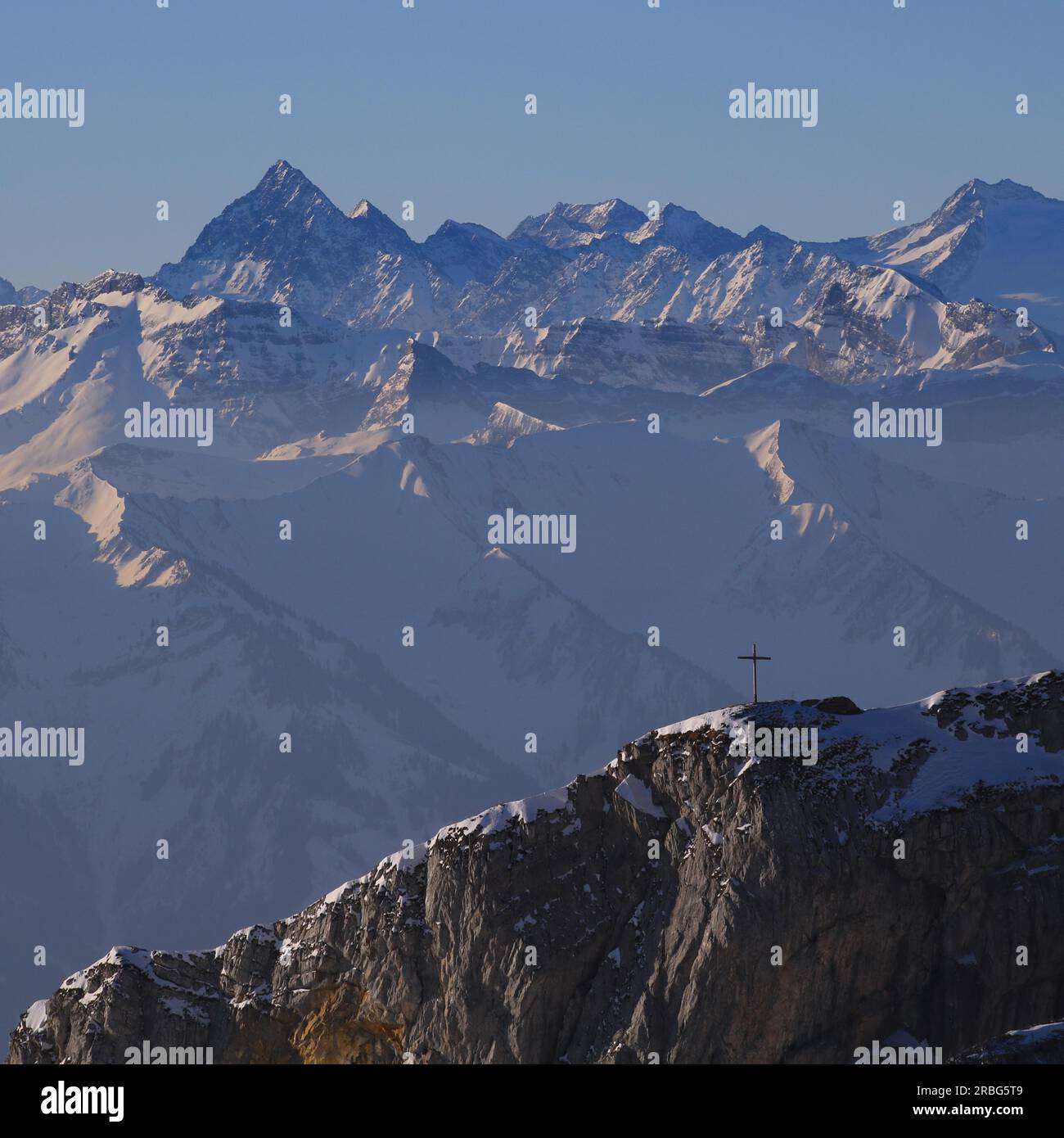 Mountain peaks of the Bernese Oberland and Wallis Canton seen from ...