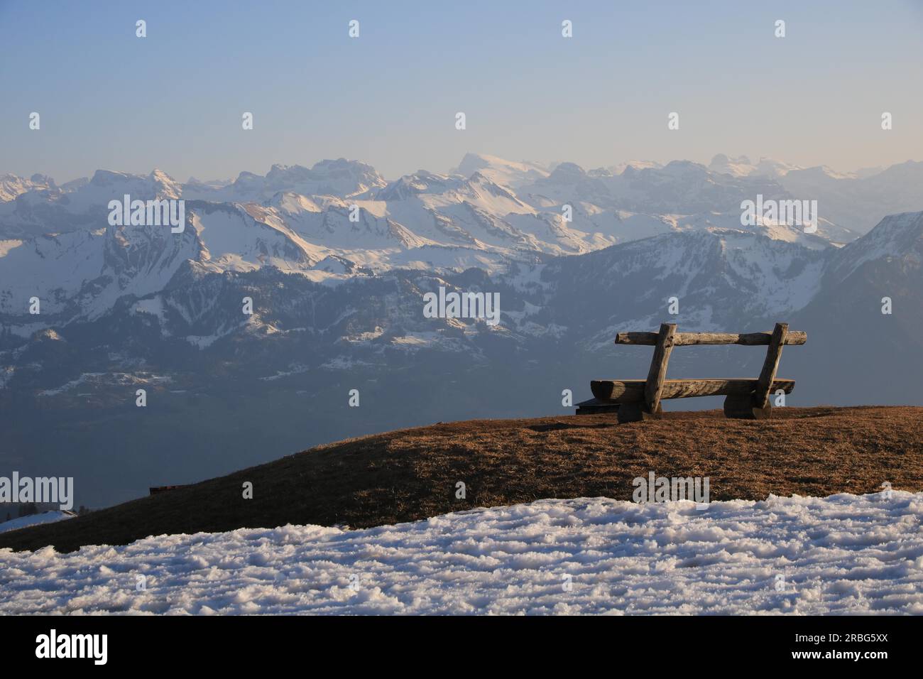 Timber bench on top of Mount Rigi Stock Photo - Alamy