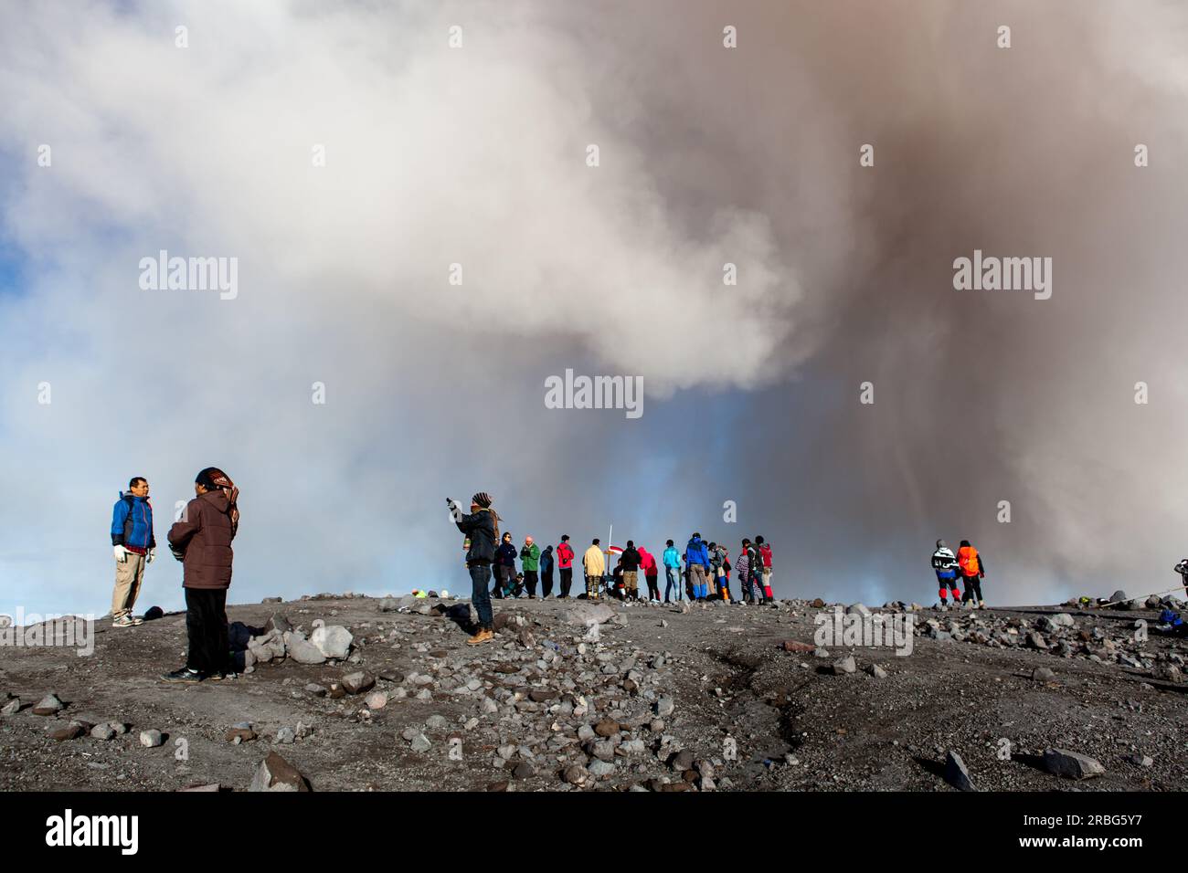Semeru, Java/Indonesia - May 4, 2015: Ash cloud above climbers at ...