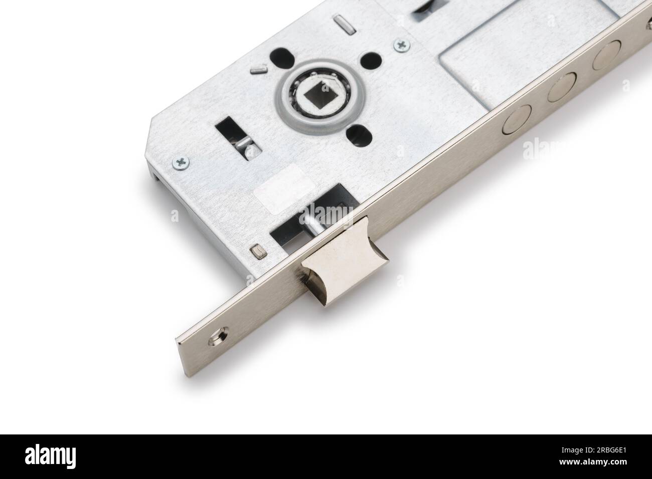 Detail of a mortise lock with cylinder for door, isolated on white ...