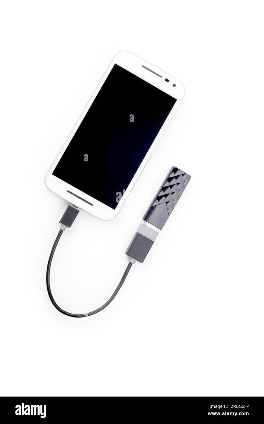 White smartphone connected to a black USB key with an OTG cable ...