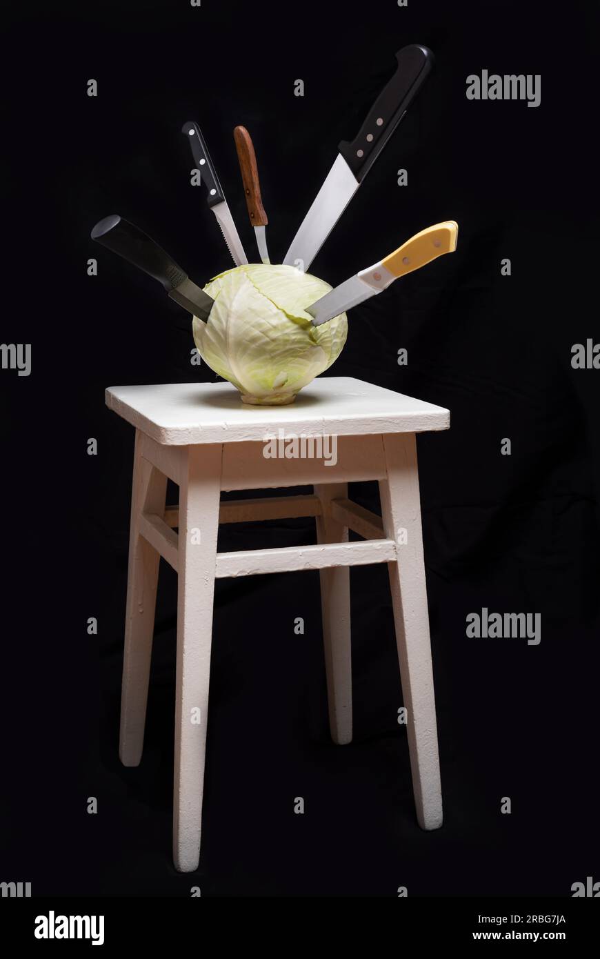 Symbolic conceptual image of a white cabbage on a white wooden stool ...