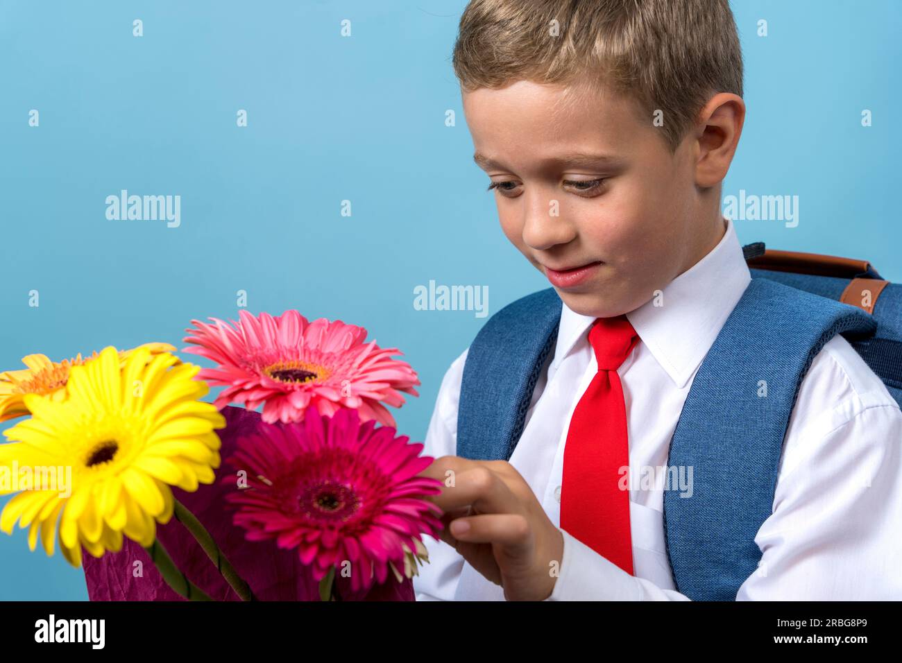 a happy funny first grader in a white shirt with a red tie examines and ...