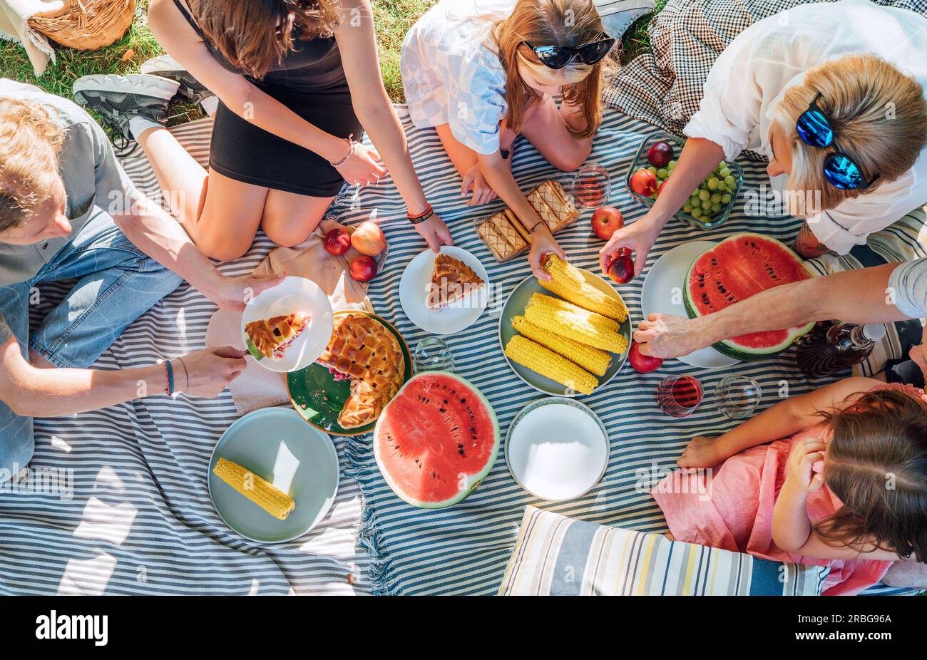 Top view of big family sitting on the picnic blanket in city park. They ...