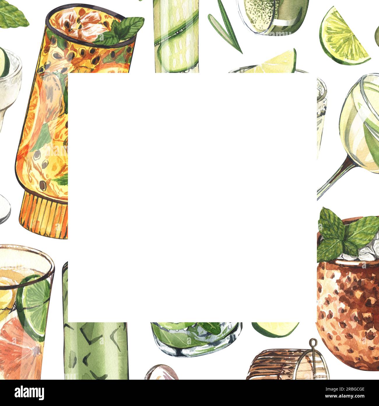 Watercolor frame, cocktail glasses: martini, gin,margarita,mojito ...