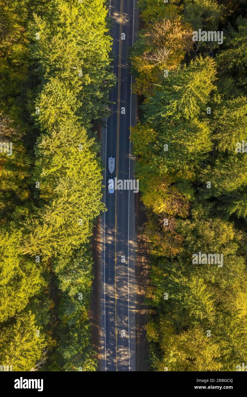 Overhead view of a road on a fall day in the Pacific Northwest Stock ...